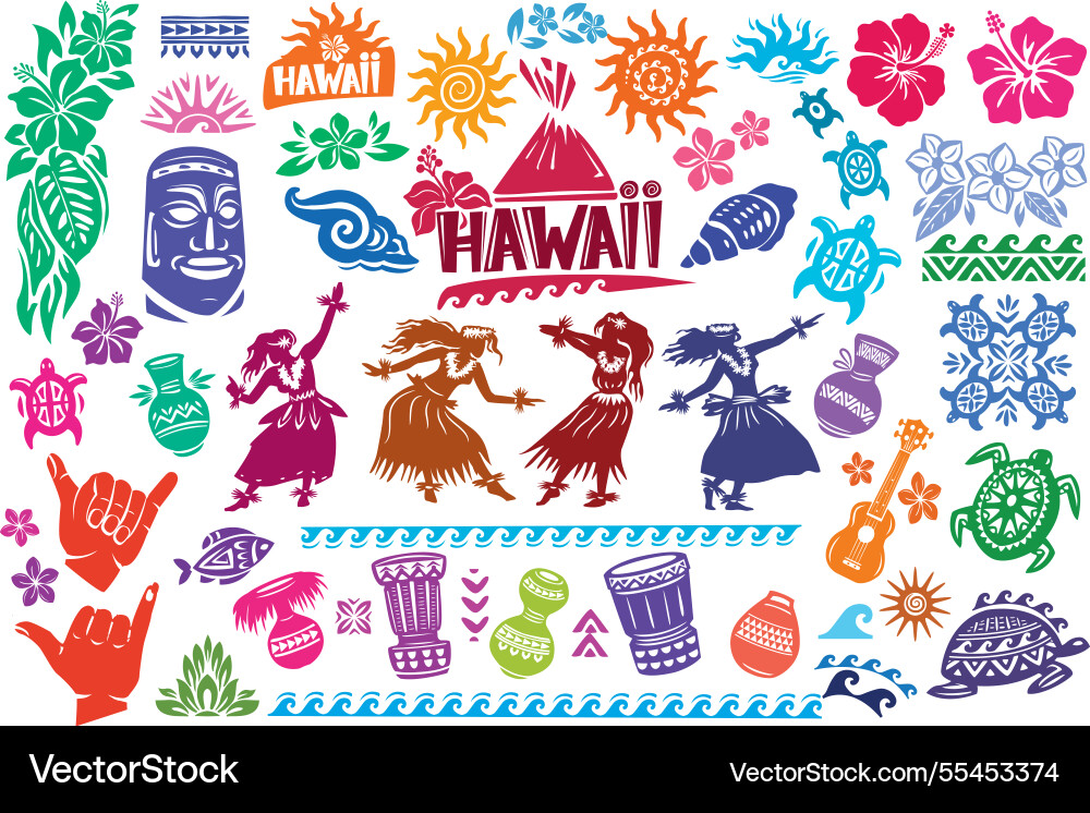 Traditional hawaiian symbols colorful elements Vector Image