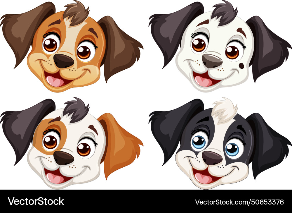 Four cartoon puppy faces showing different Vector Image