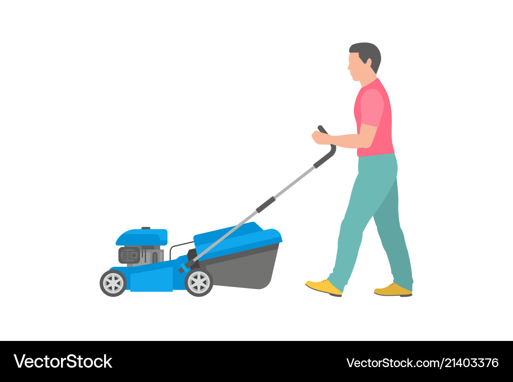 Man with blue lawnmower Royalty Free Vector Image
