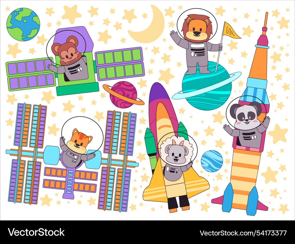 Animal characters astronaut cosmonaut sky space Vector Image