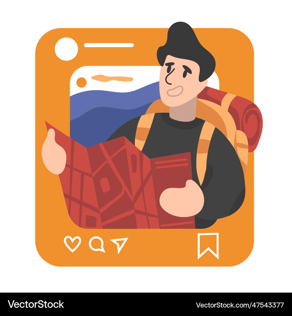 Cartoon brunet man with backpack looking for way Vector Image