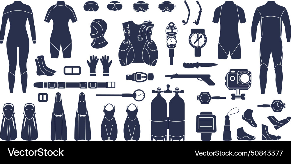Flat diving black icons scuba divers suits tools Vector Image