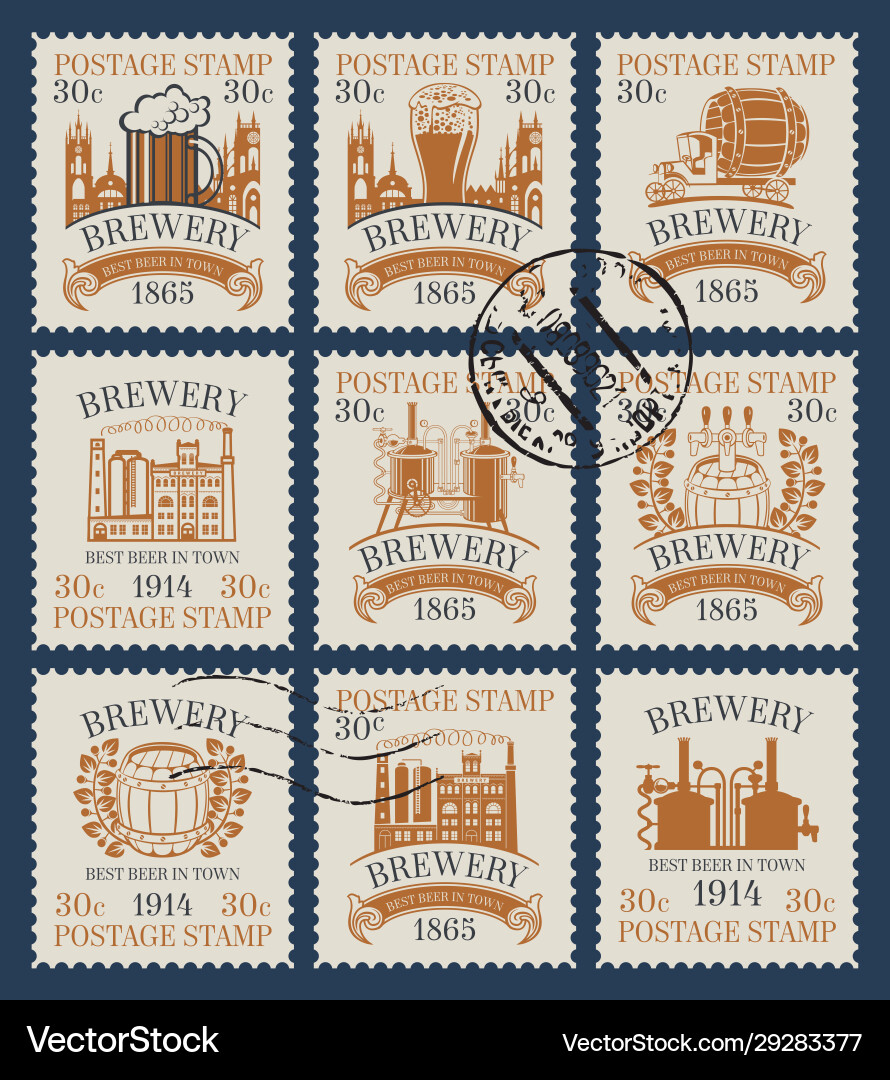 Postage stamps on theme beer and brewery Vector Image