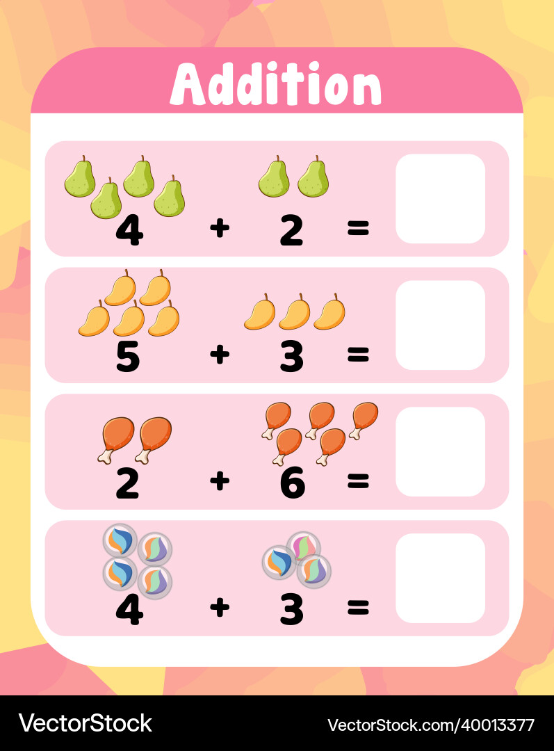 Preschool addition math worksheet template Vector Image