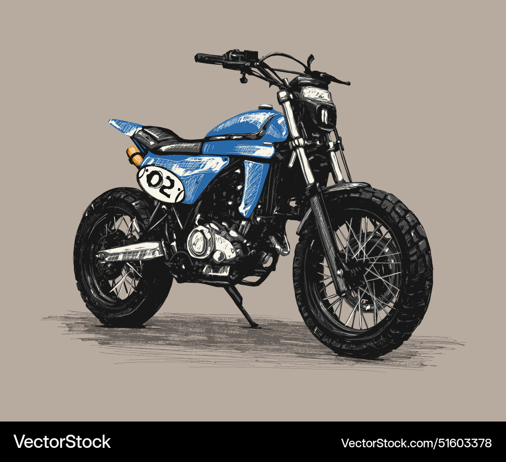Hand drawn of a blue custom scrambler motorcycle Vector Image