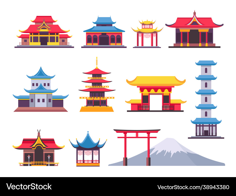 Flat japanese buildings ancient pagoda Royalty Free Vector