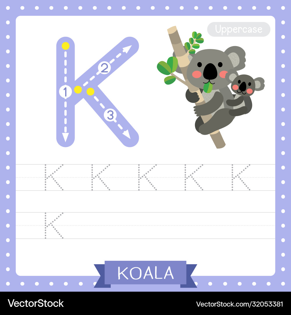 Letter k uppercase tracing practice worksheet Vector Image