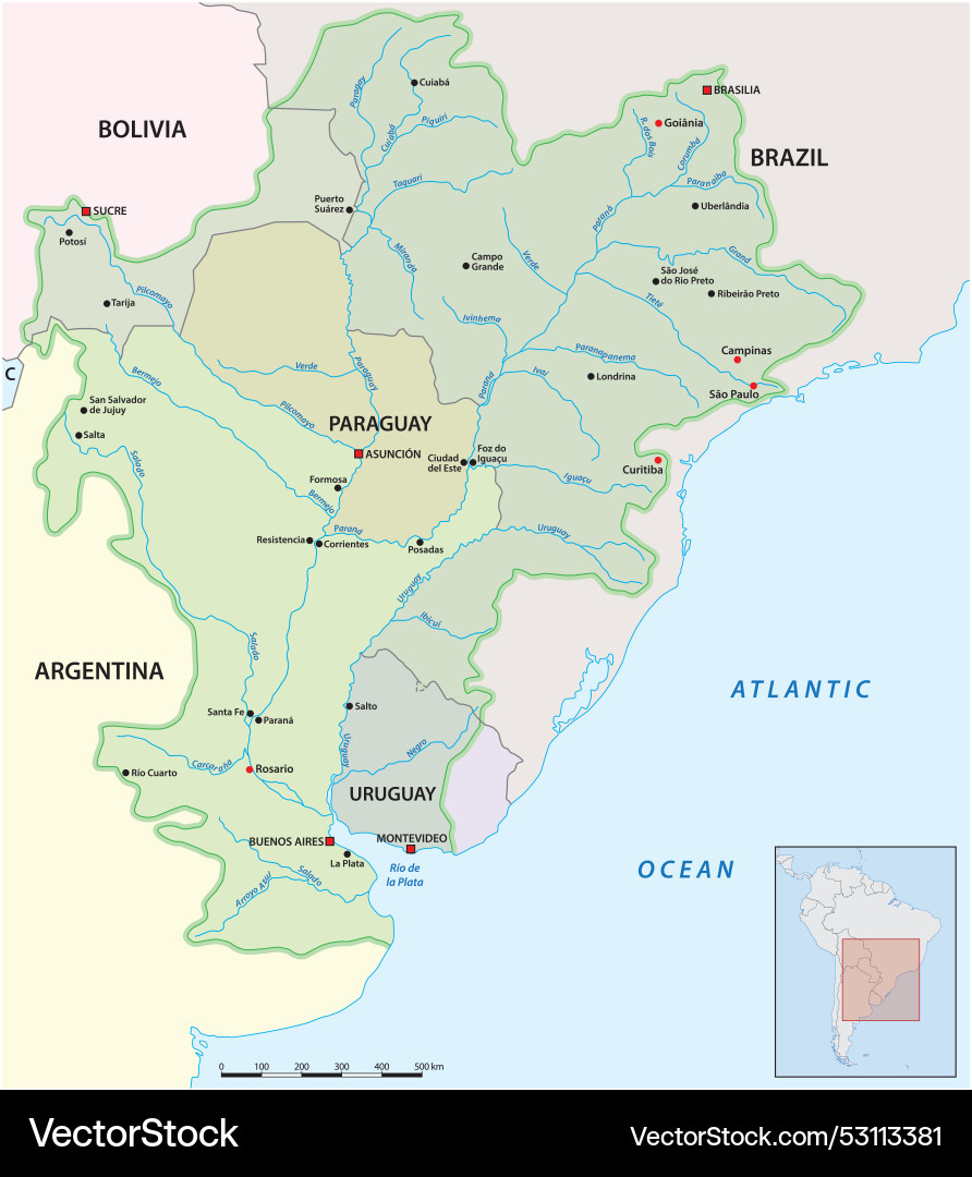 Map of drainage basin rio de la plata Royalty Free Vector