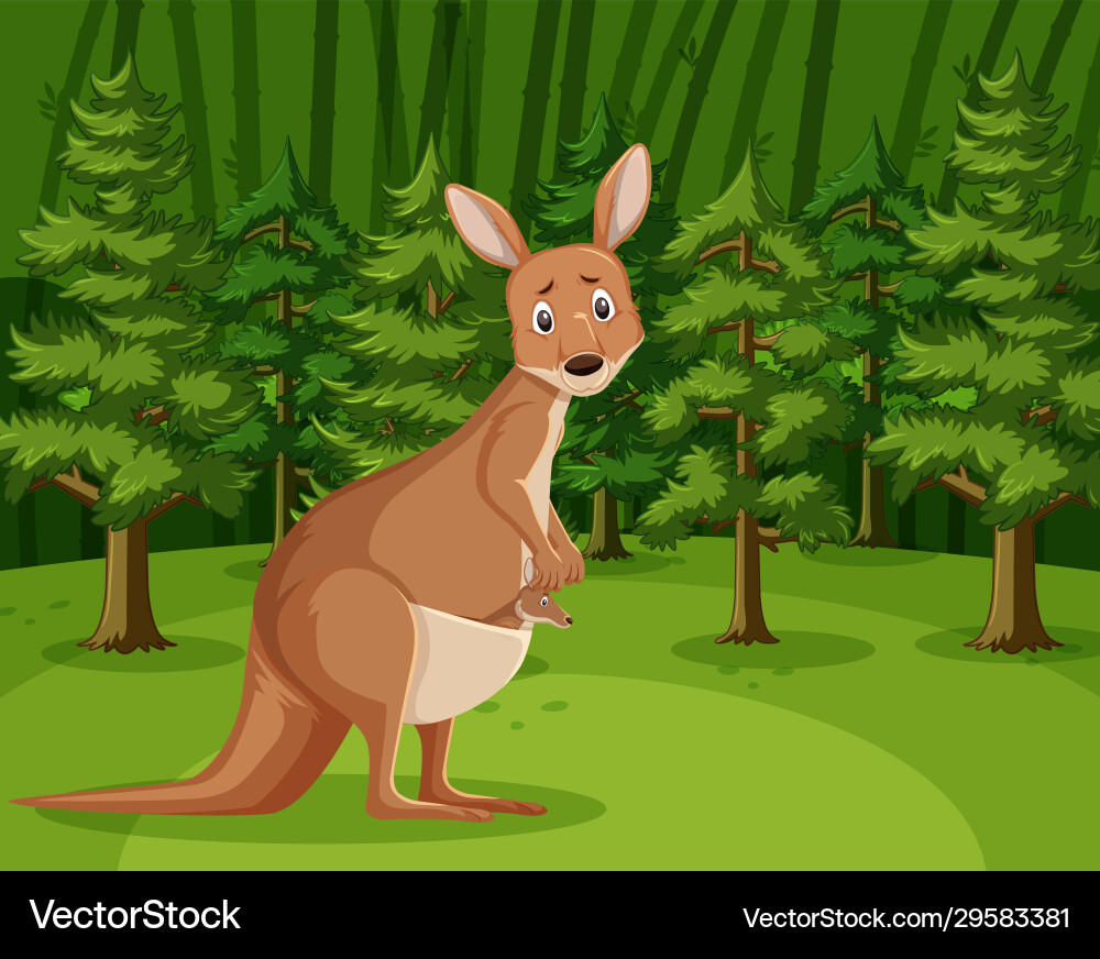 Scene with sad kangaroo in big forest Royalty Free Vector