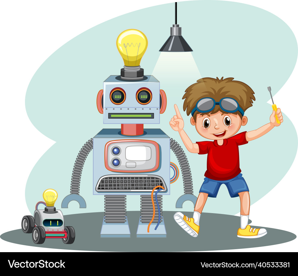 Young boy fixing a robot Royalty Free Vector Image