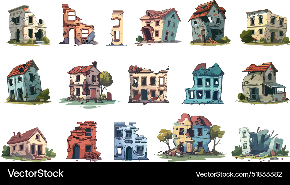 Broken ruined buildings set destroyed damaged Vector Image