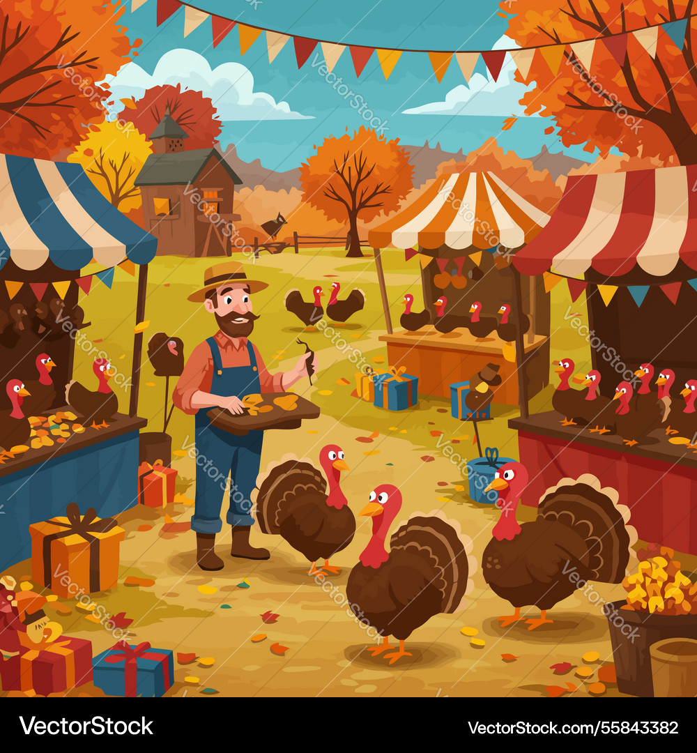 Turkey fair cartoon with farmer and festive fall Vector Image