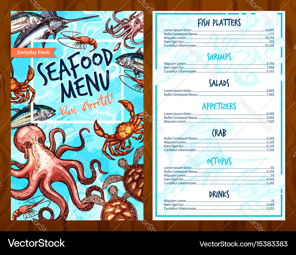 Fresh seafood and fish food restaurant menu Vector Image