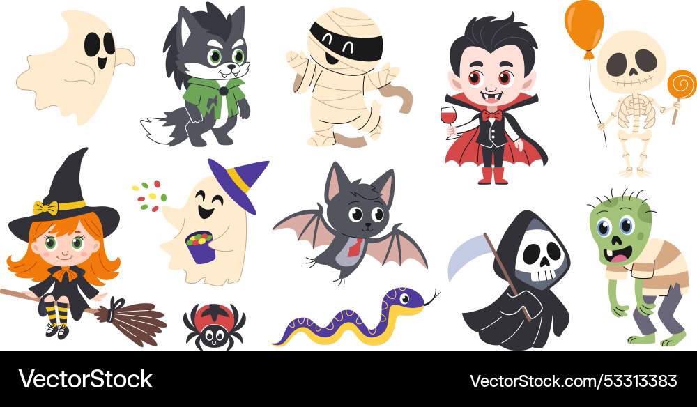 Halloween characters and animals set cute ghosts Vector Image