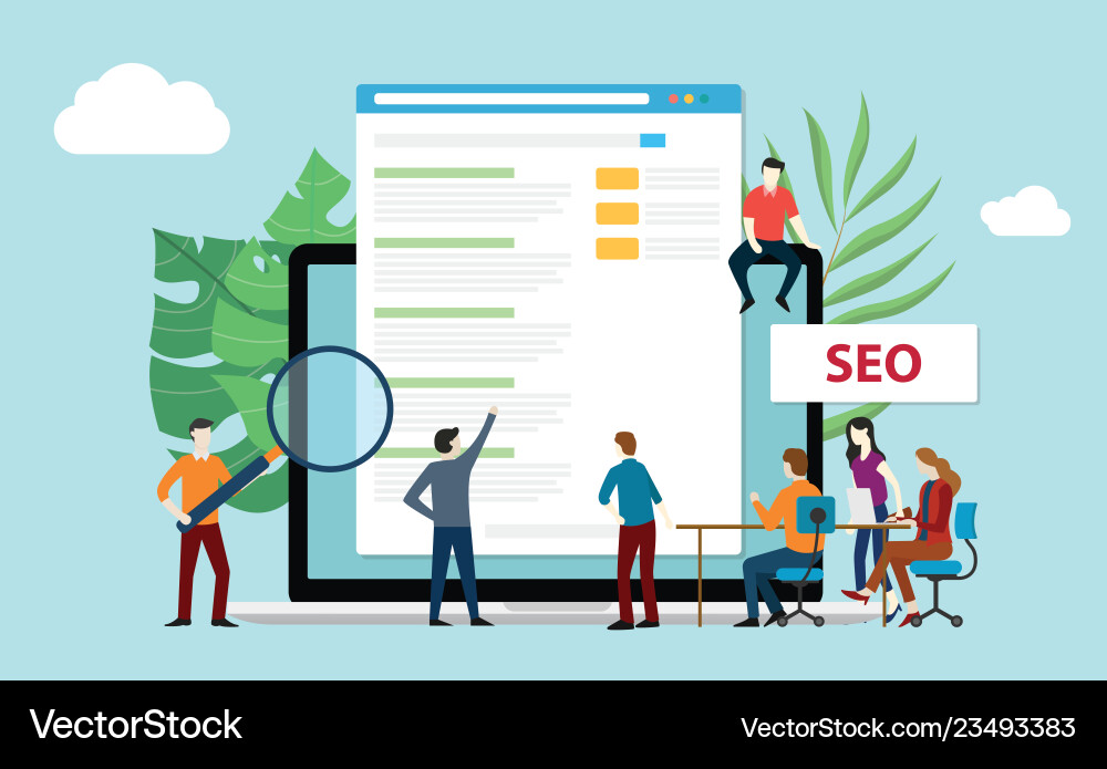 Seo search engine optimization with office team Vector Image