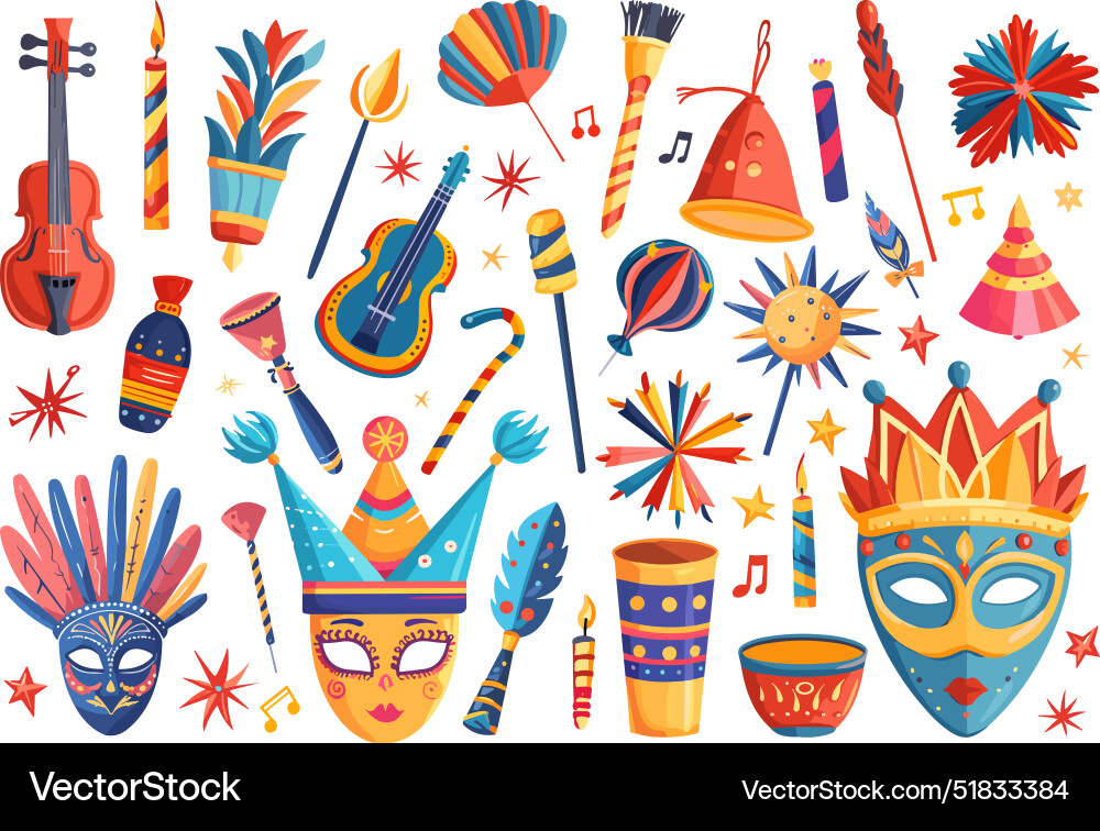 Carnival elements set masks firecrackers musical Vector Image