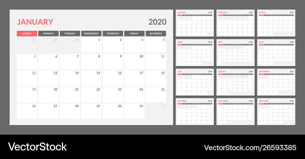 Calendar for 2020 new year in clean minimal table Vector Image