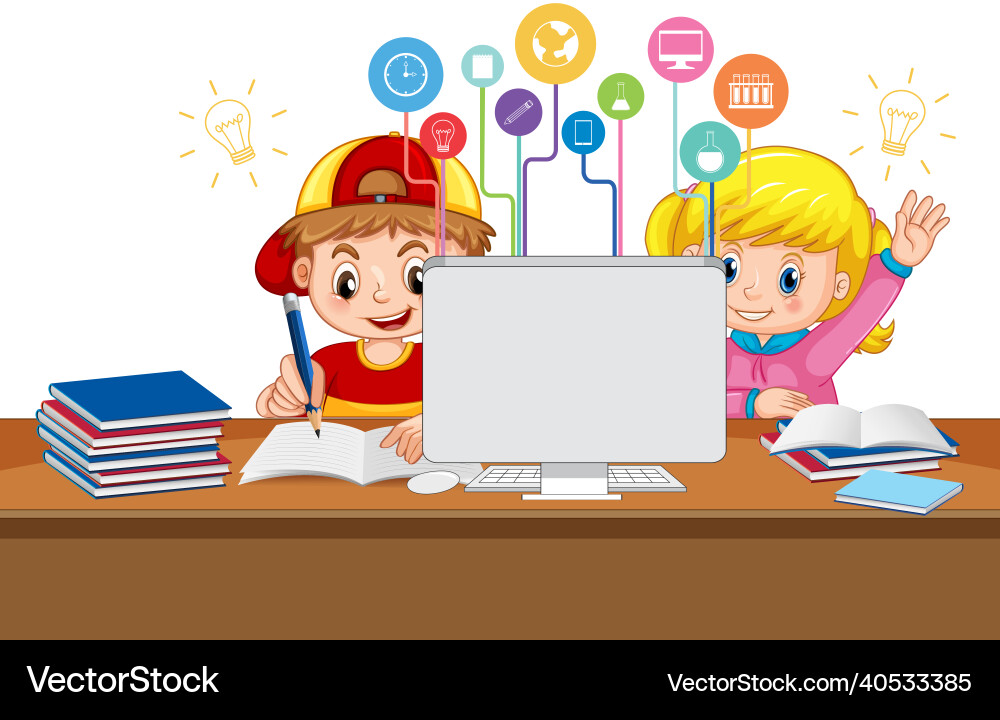 School kids study in front of computer Royalty Free Vector