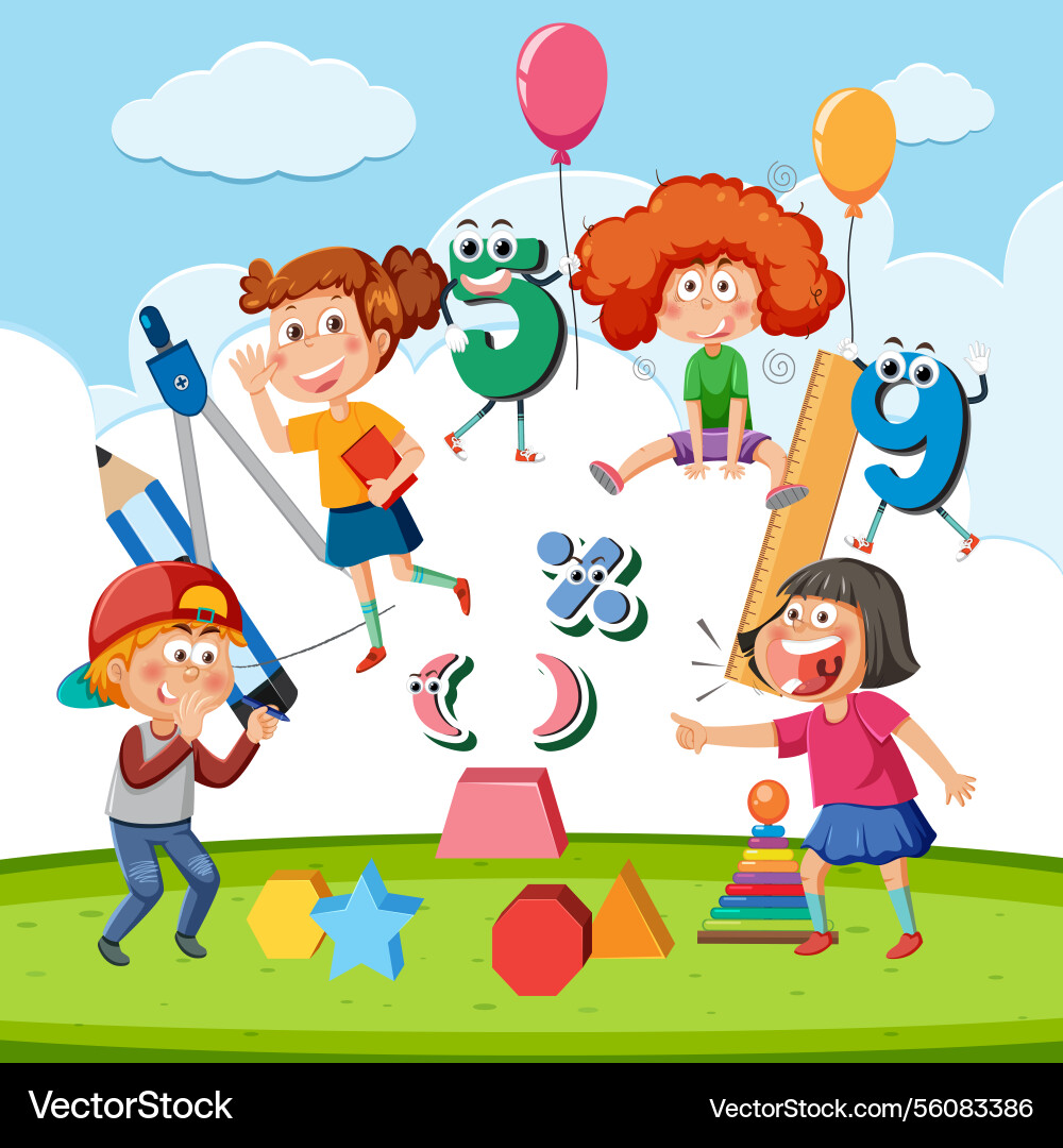 Diverse children engaging with math symbols shap Vector Image