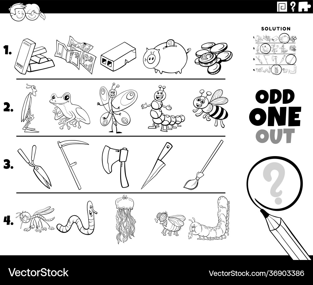 Odd one out cartoon picture coloring book page Vector Image