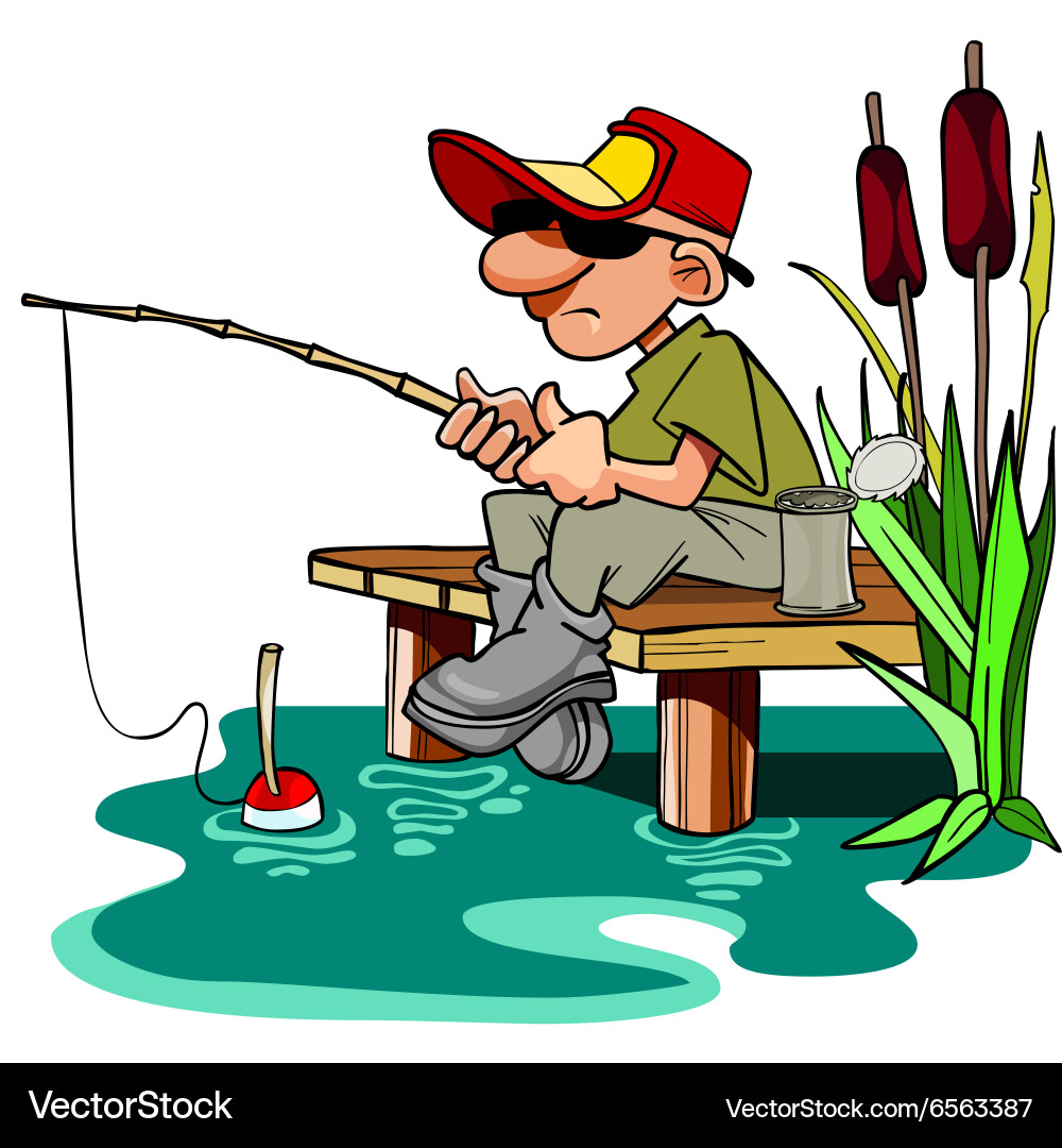 Cartoon fisherman with a fishing pole sitting Vector Image