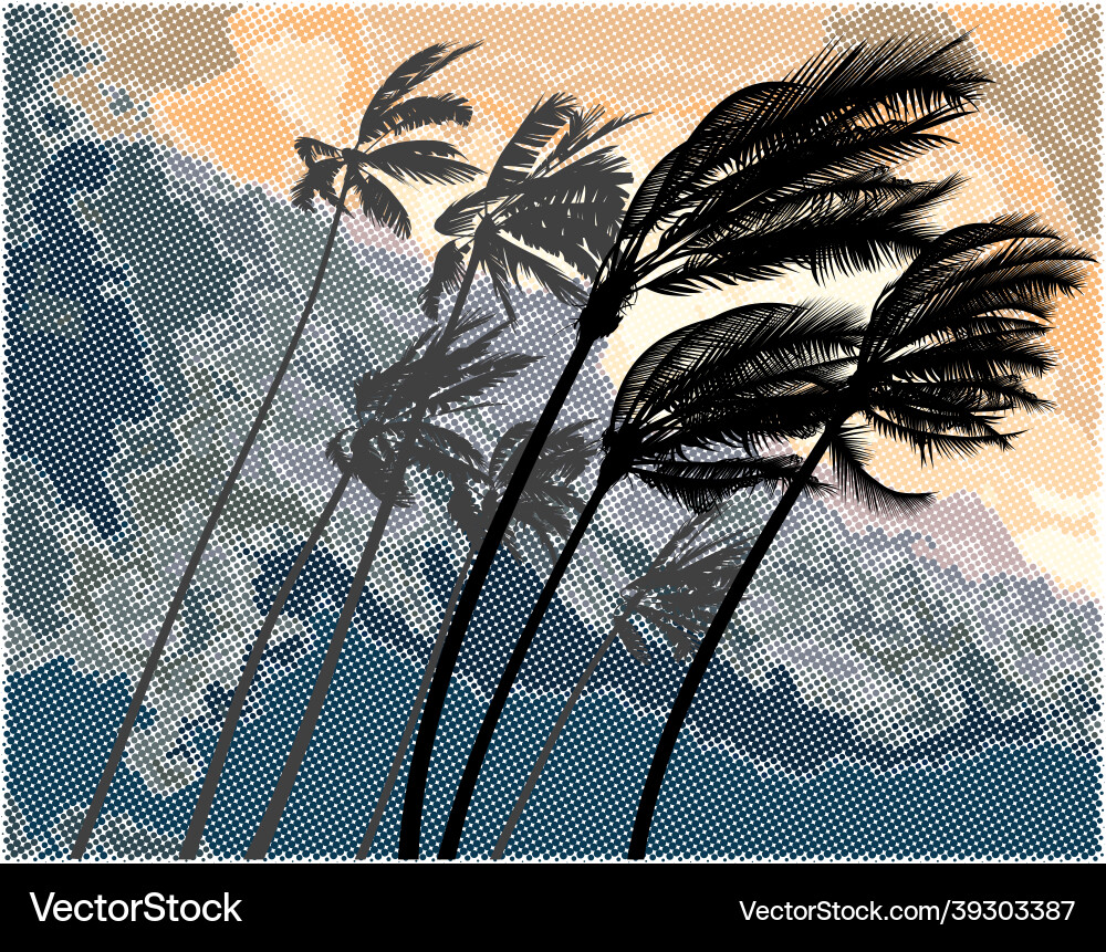 Palm trees bent by a strong hurrican wind Vector Image