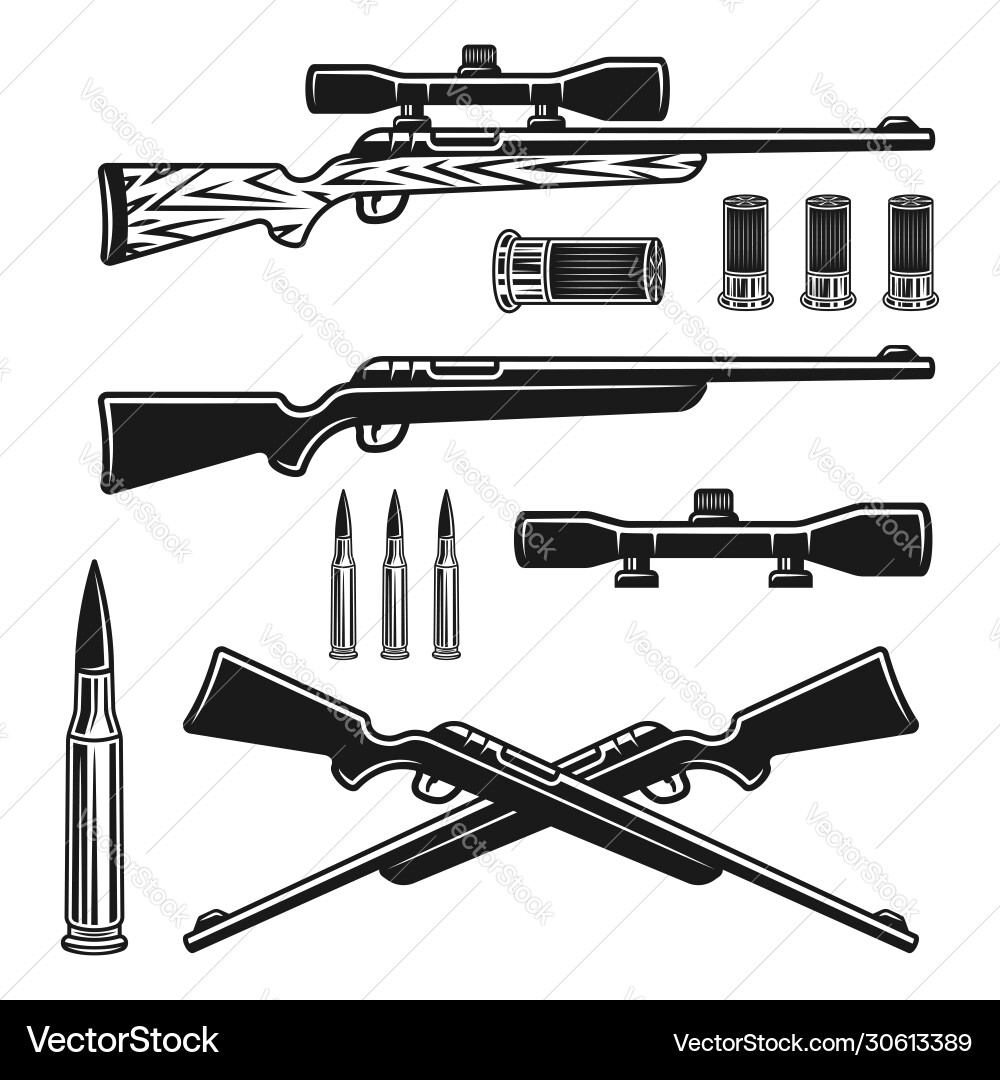Hunting weapons set objects or elements Royalty Free Vector