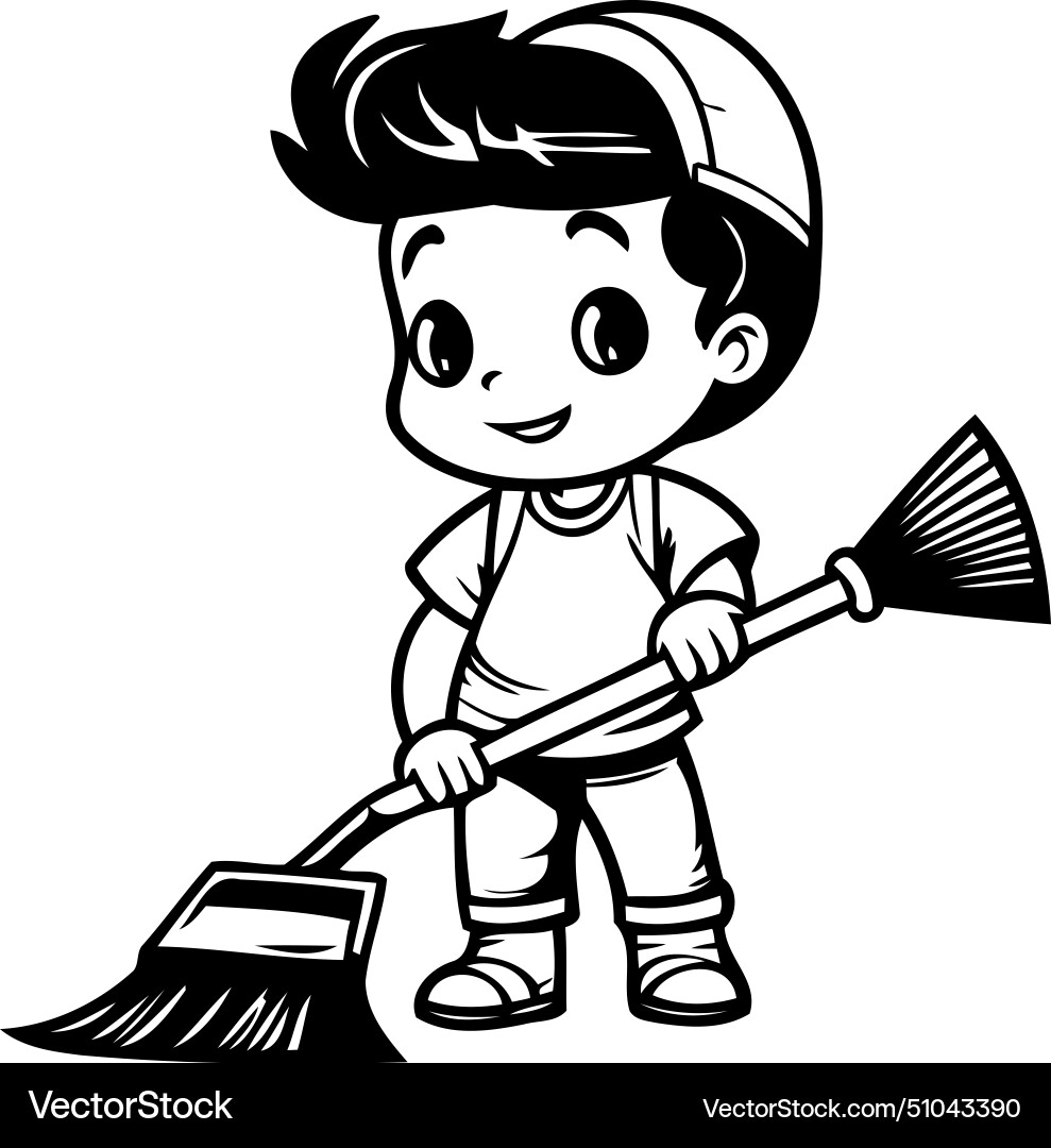 Cute boy sweeping the floor with a broom Vector Image