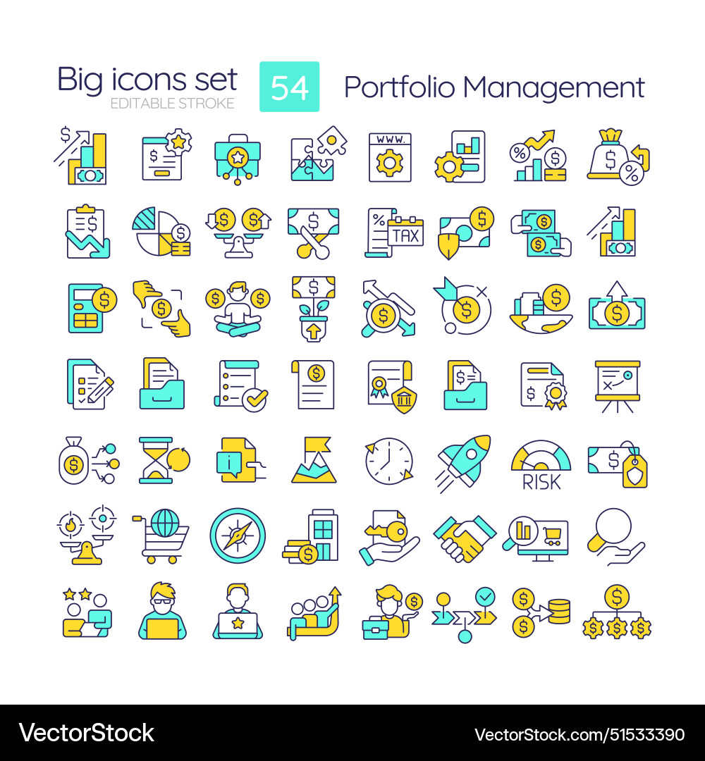 Portfolio management rgb color icons set Vector Image