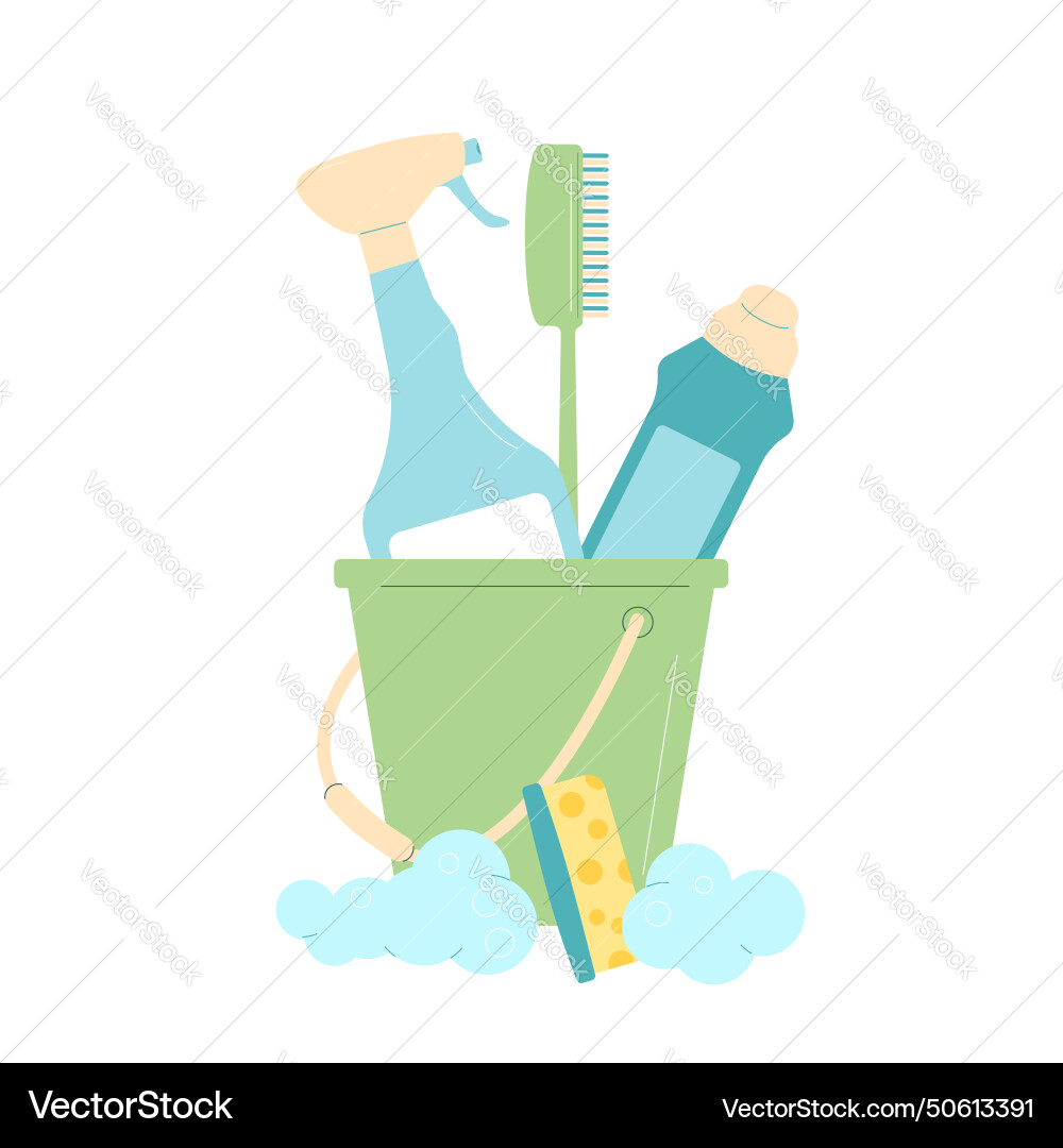 Bucket with brushes and bottles for cleanup Vector Image