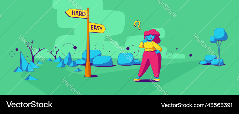 Female character choosing between hard easy ways Vector Image