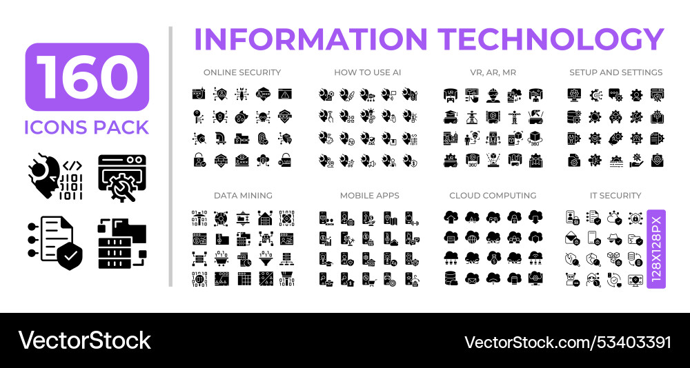 Information technology glyphs icon set collection Vector Image