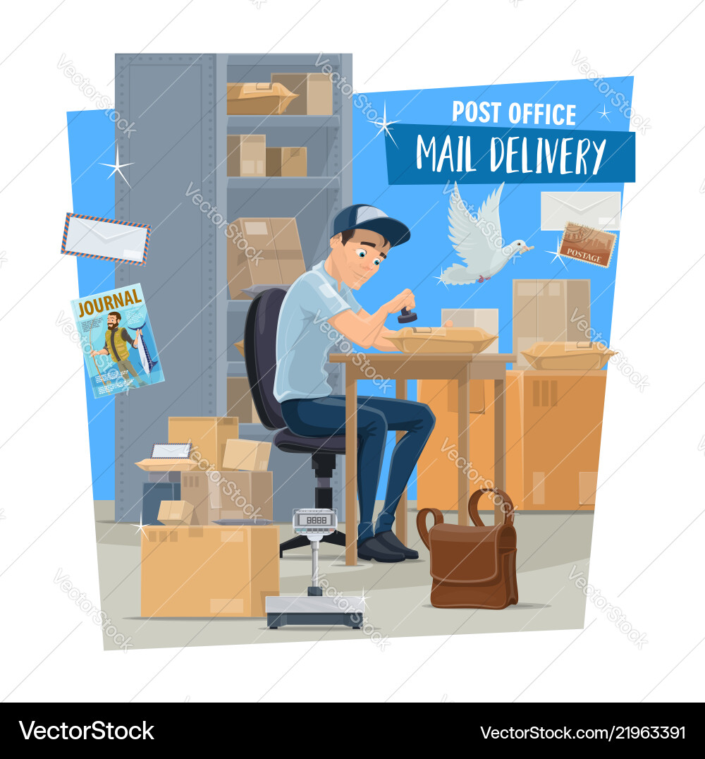 Post office service postman with mail Royalty Free Vector