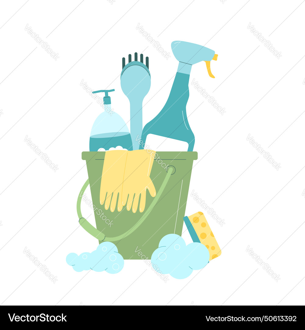 Cleaning concept bucket with brushes gloves Vector Image