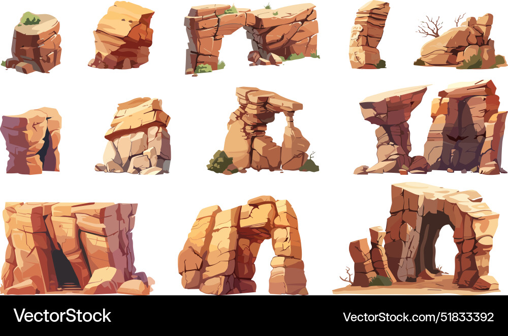 Desert rocks set stone canyon arc rock Royalty Free Vector