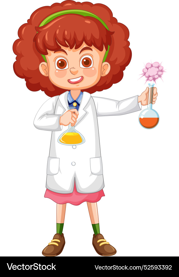 Girl in lab coat holding beakers Royalty Free Vector Image