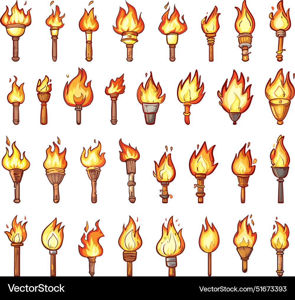 Cartoon burning torches icon set white background Vector Image