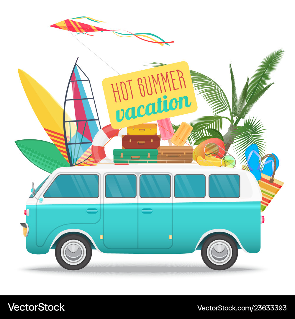 Summer travel with vintage bus Royalty Free Vector Image