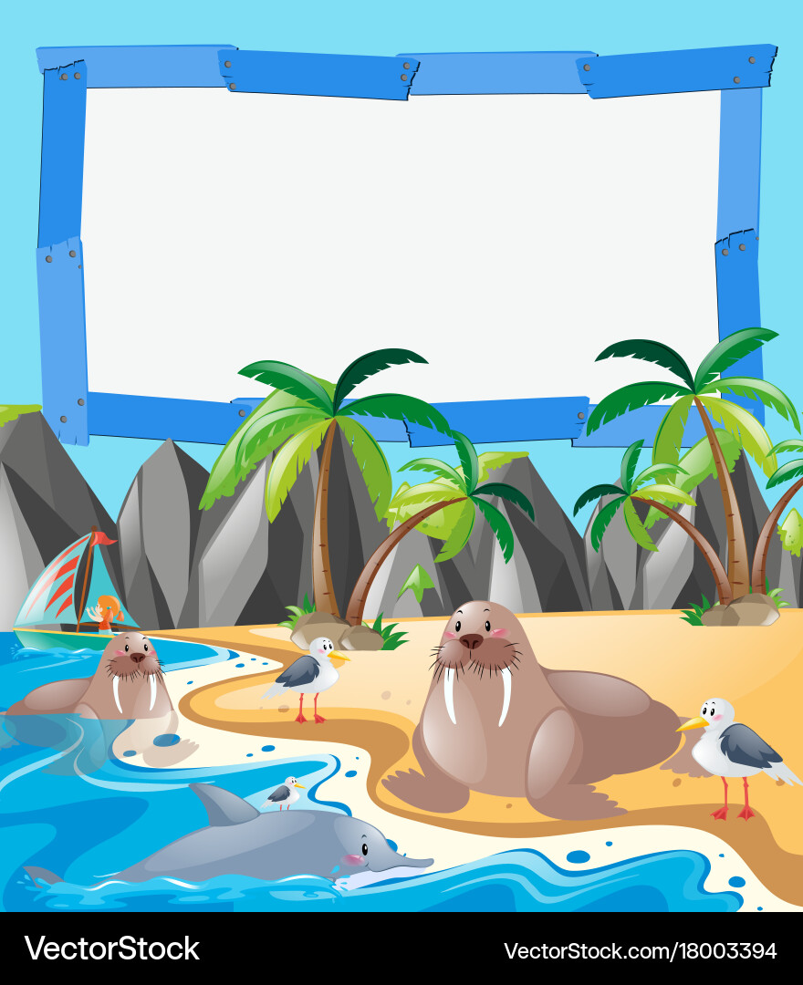 Border template with sea animals on the beach Vector Image