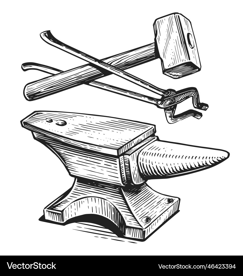 Hand drawn hammer tongs and anvil blacksmith Vector Image
