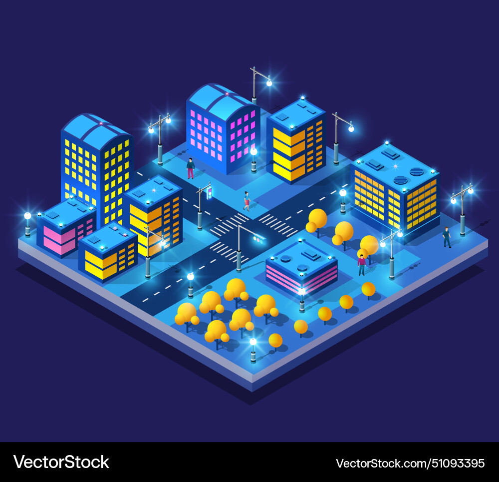 City isometric night lights architecture 3d Vector Image