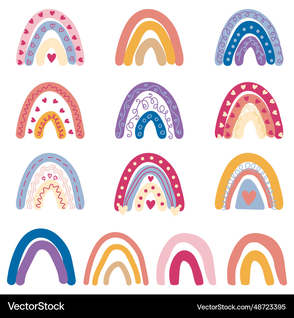 Hand drawn boho rainbow cute set in pastel Vector Image