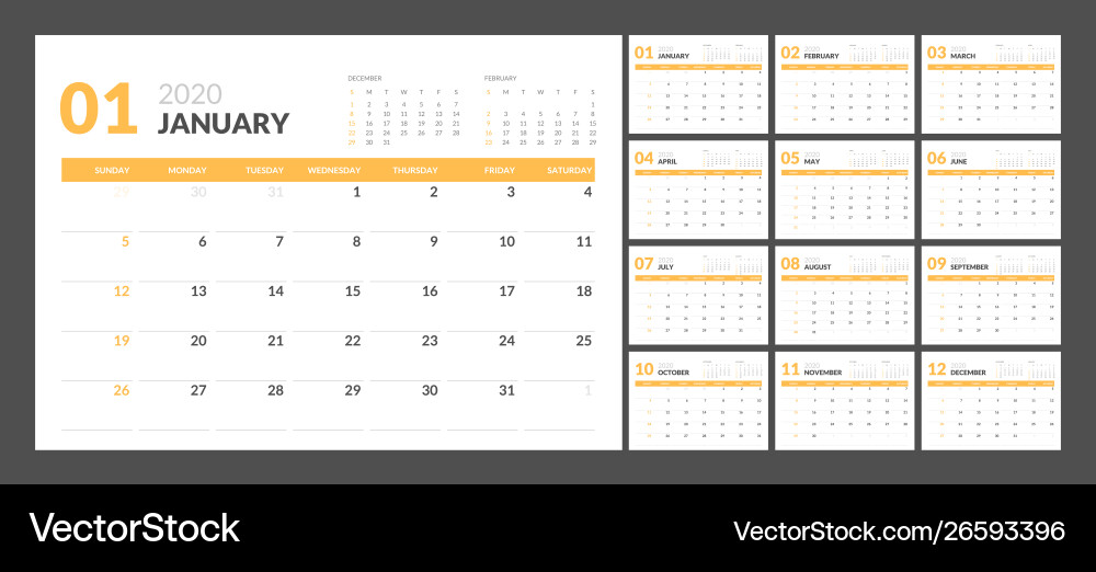Calendar for 2020 new year in clean minimal table Vector Image