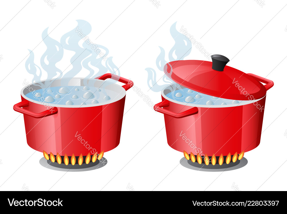 Red Pans with Boiling Water Royalty Free Vector Image