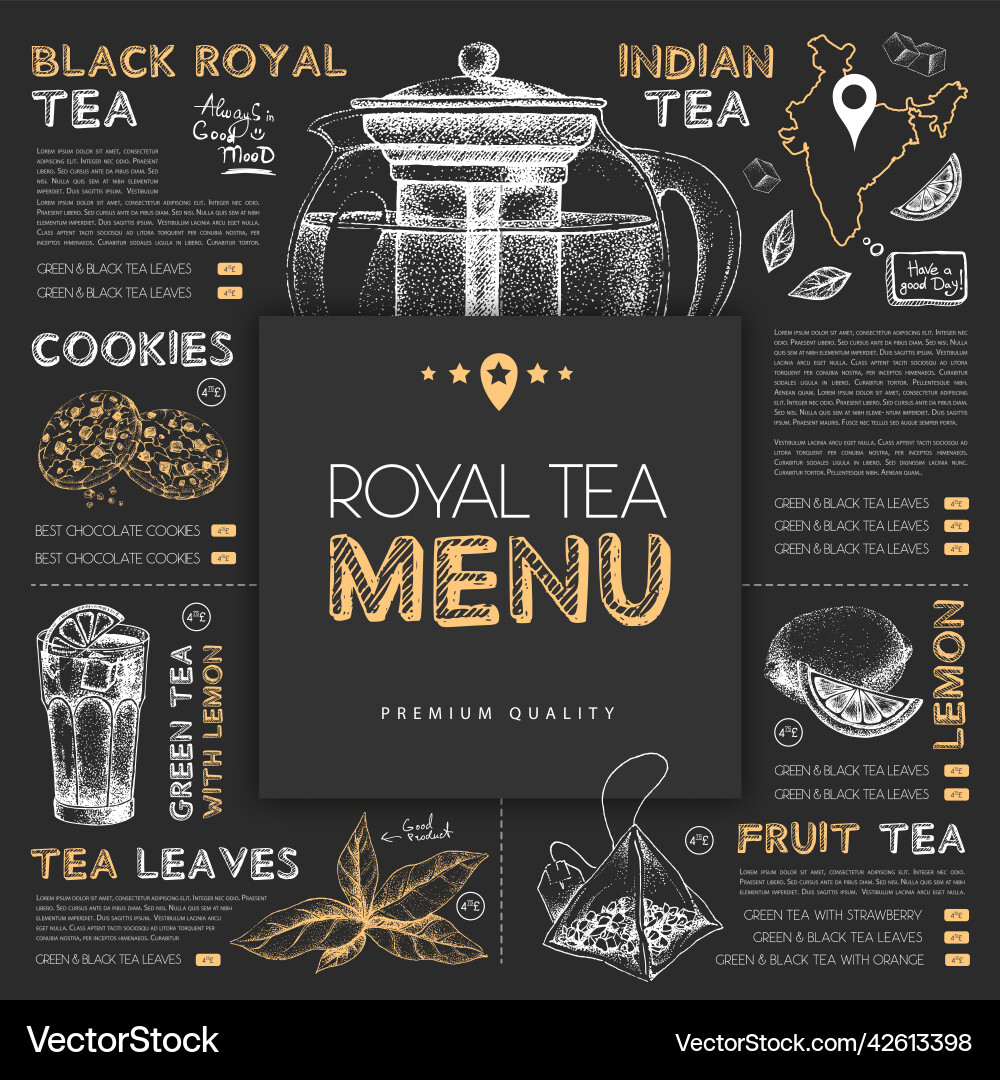 Chalk drawing restaurant royal tea menu design Vector Image