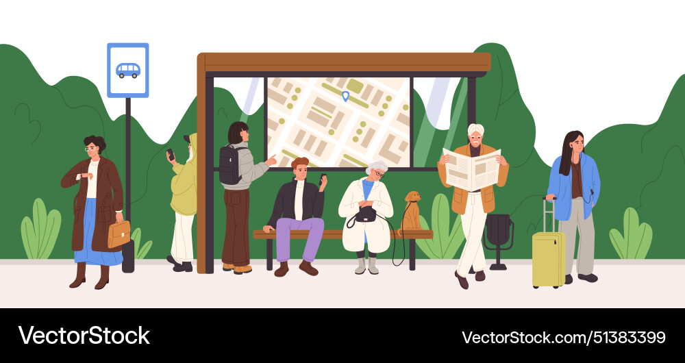 People are at the modern bus stop with bench old Vector Image