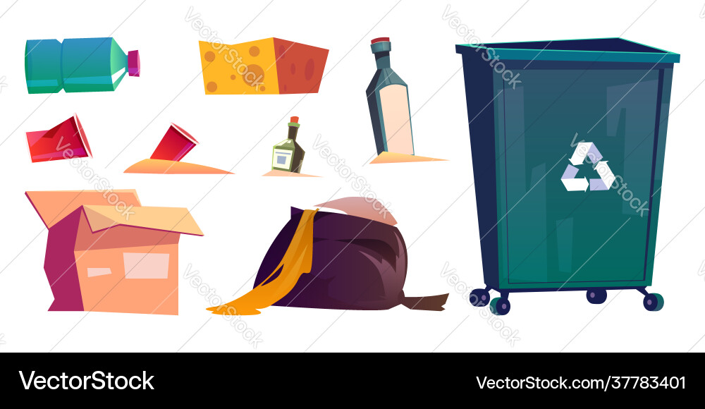 Garbage trash and litter bin isolated cartoon set Vector Image