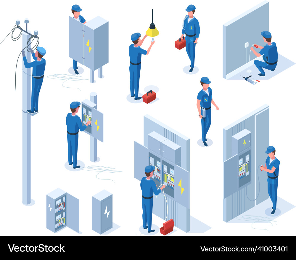 Isometric Electricians & Power Repair Vector Image