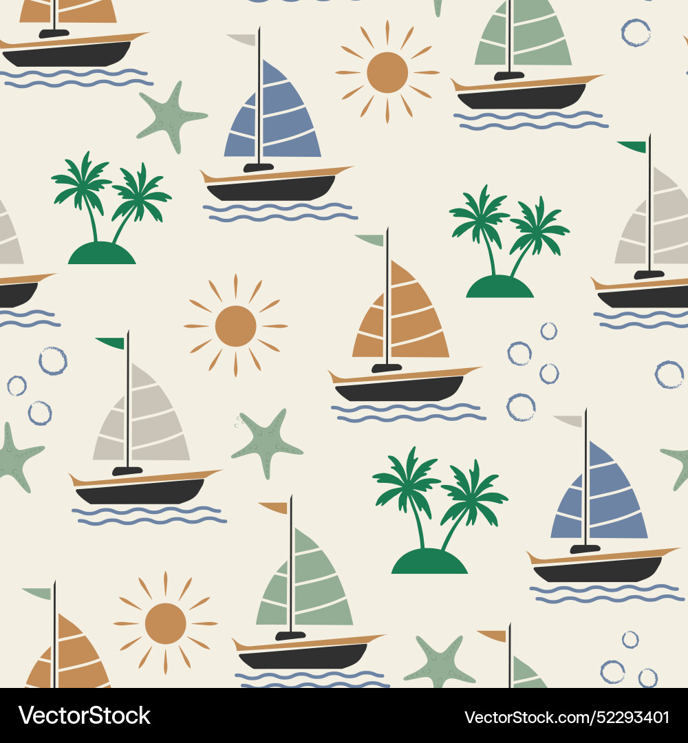 Sail boat with sun and palm tree sea background Vector Image