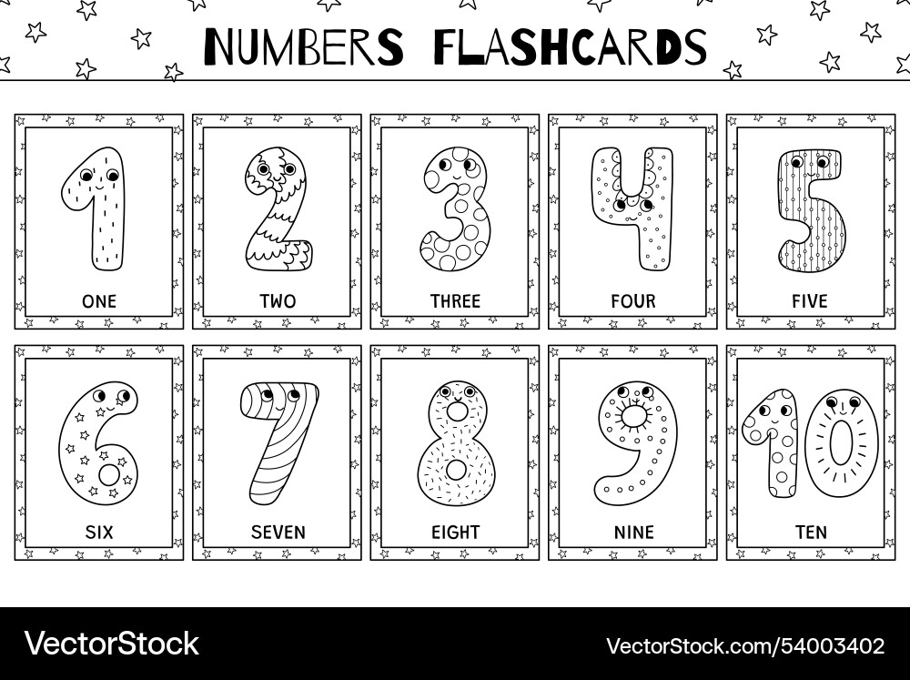 Cute numbers 1-10 black and white flashcards Vector Image